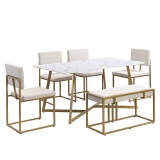 Modern Faux Marble 5-Piece Dining Table Set,60inch Metal Kitchen Table ...