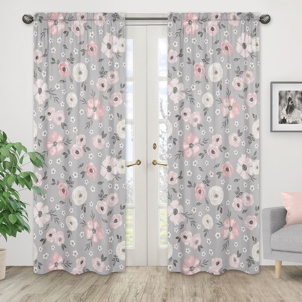 Grey Watercolor Floral 84 inch Window Treatment Curtain Panel Pair Blush Pink Gray White Shabby Chic Rose Flower Farmhouse Bed Bath Beyond 31459892