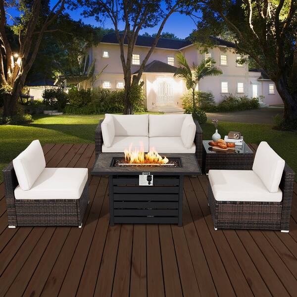 6 PCS Patio Wicker Furniture Set 42' Fire Pit Table 50,000 BTU - Bed ...