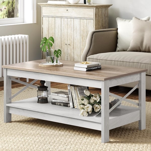 Farmhouse Coffee Table with Storage 2-Tier Center Table for Living Room ...