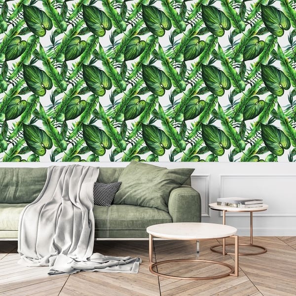 Green Large Leaves Wallpaper Peel and Stick and Prepasted - Bed Bath ...