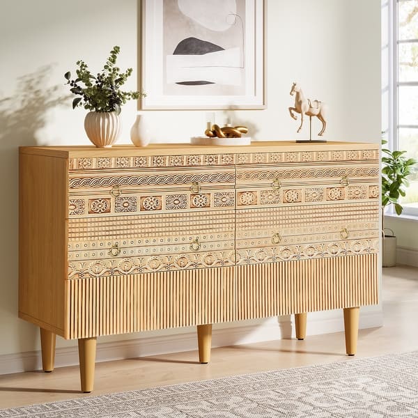 47-Inch Boho Accent Dresser, Double Wide Chest of Drawers with 6 Carved ...
