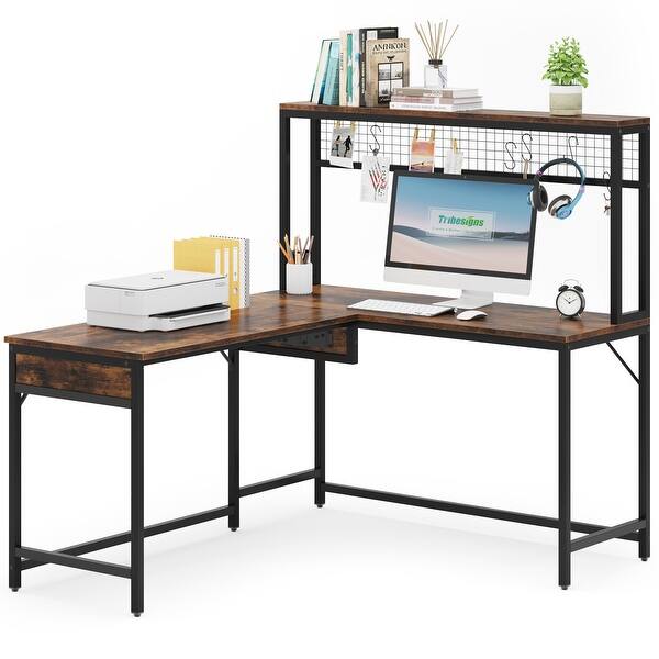 Lift Top L Shaped Computer Desk with Hutch, Sit-Stand Workstation - Bed ...