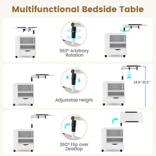 Nightstand Bedside Table Swivel Laptop Tray With Charging Station And ...