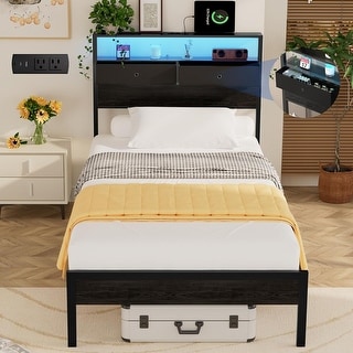 Twin Size Platform Bed with LED Lights, Charging Station, and Storage ...