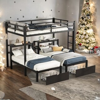 Full XL over Twin & Twin Triple Bunk Bed With Drawers,Multi-Functional Metal Frame Bed, Bed Head ...