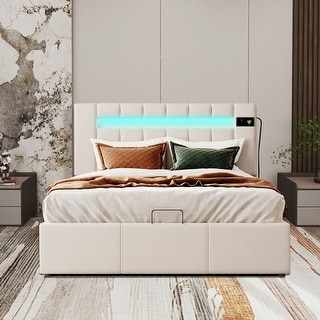 Upholstered Full Size Platform Bed with LED Light, Bluetooth Player and ...
