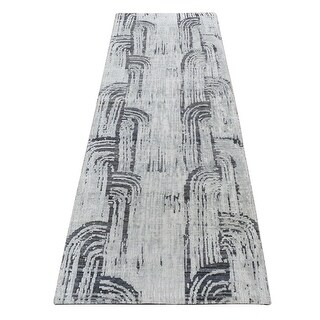Shahbanu Rugs Cloud Gray, The Cane Design, Pure Silk with Textured Wool ...