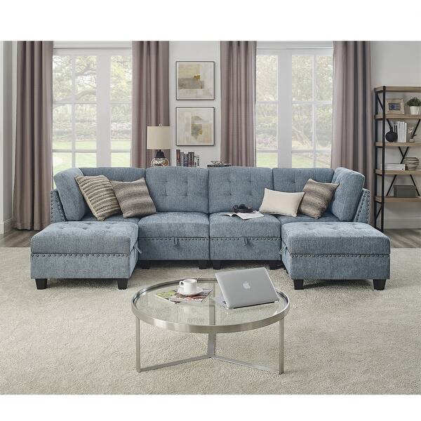 Navy Chenille U Shape DIY Modular Sectional Sofa Two Single Chair - Bed ...