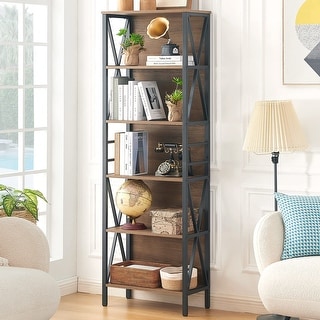 Bookshelf, 6-Tier Bookshelf, Rustic Wood Metal Bookshelves and ...