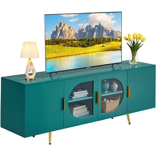 Modern TV Stand with Glass Doors, Gold Legs, Adjustable Shelves, Wood ...