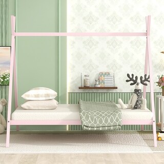 Modern Full Size Metal Floor Play House Bed w/ Meta Slats Support House ...