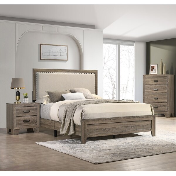 Grey Finish Fabric Upholstered Headboard Tufted Nailhead Trim 1PC Full Size Panel Bed Beautiful Wooden Bedroom Furniture