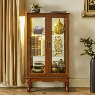 Lighted Curio Display Cabinet With Adjustable Shelves And Mirrored Back ...