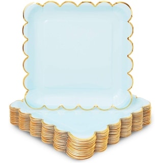 Pastel Blue Square Paper Plates, Gold Foil Scalloped Edge (9 In, 48 ...