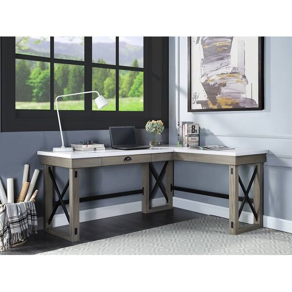 L-Shape Marble Top Writing Desk with 1 Drawer in Rustic Oak Finish ...
