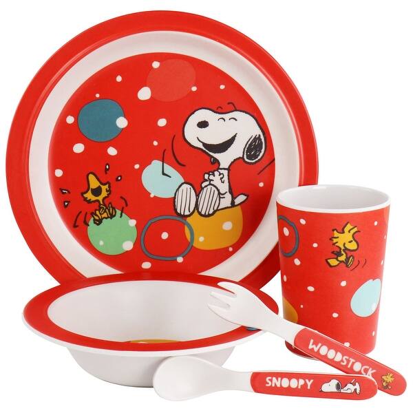 Peanuts Fun Times 5 Piece Kid's Bamboo Melamine Dinnerware Set in Red ...