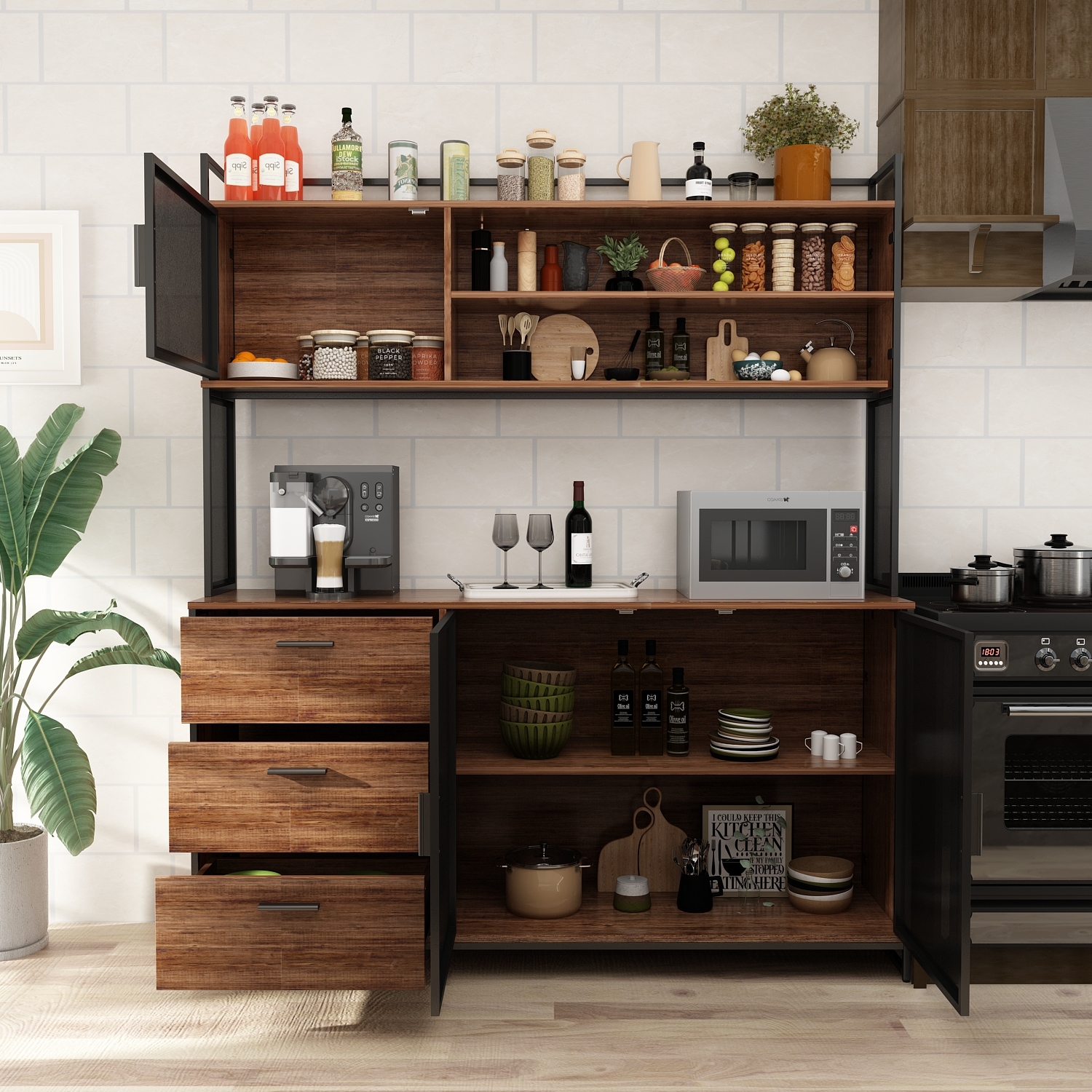 59 W 68.5 H Kitchen Pantry Microwave Storage Cabinet Buffet with Hutch