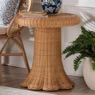 Avalon Scallop Natural Rattan Side Table - Handwoven Wicker Table with ...
