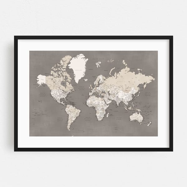 Distressed world map with cities in earth tones Maps Art Print/Poster ...