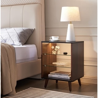 Generic LED Bedside Table LED Light Wooden Nightstand, Glass Side Bed ...