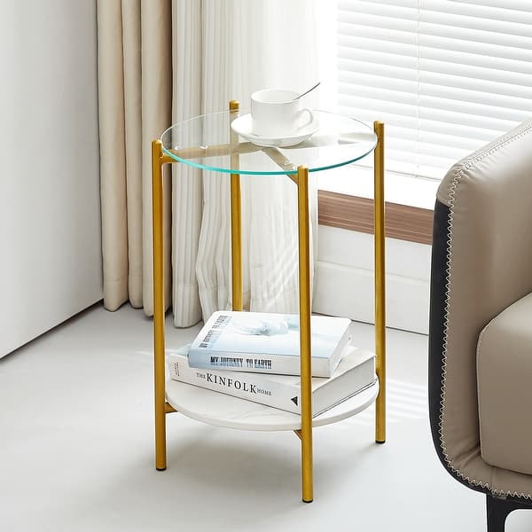 Round 2-layer End Table with Tempered Glass and Marble Tabletop - Bed Bath & Beyond - 39195809