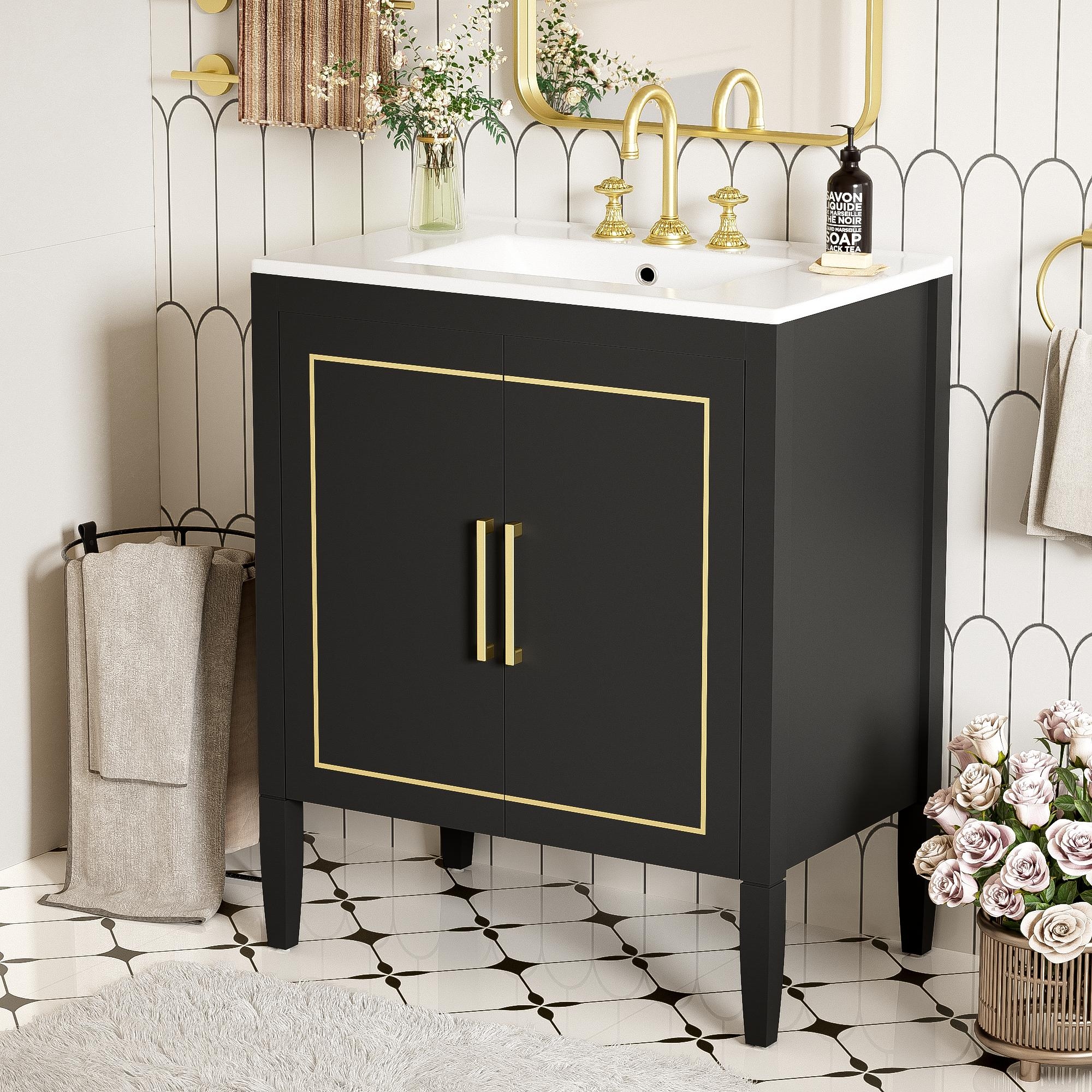 30 Black Bathroom Vanity with Sink with Gold Accents