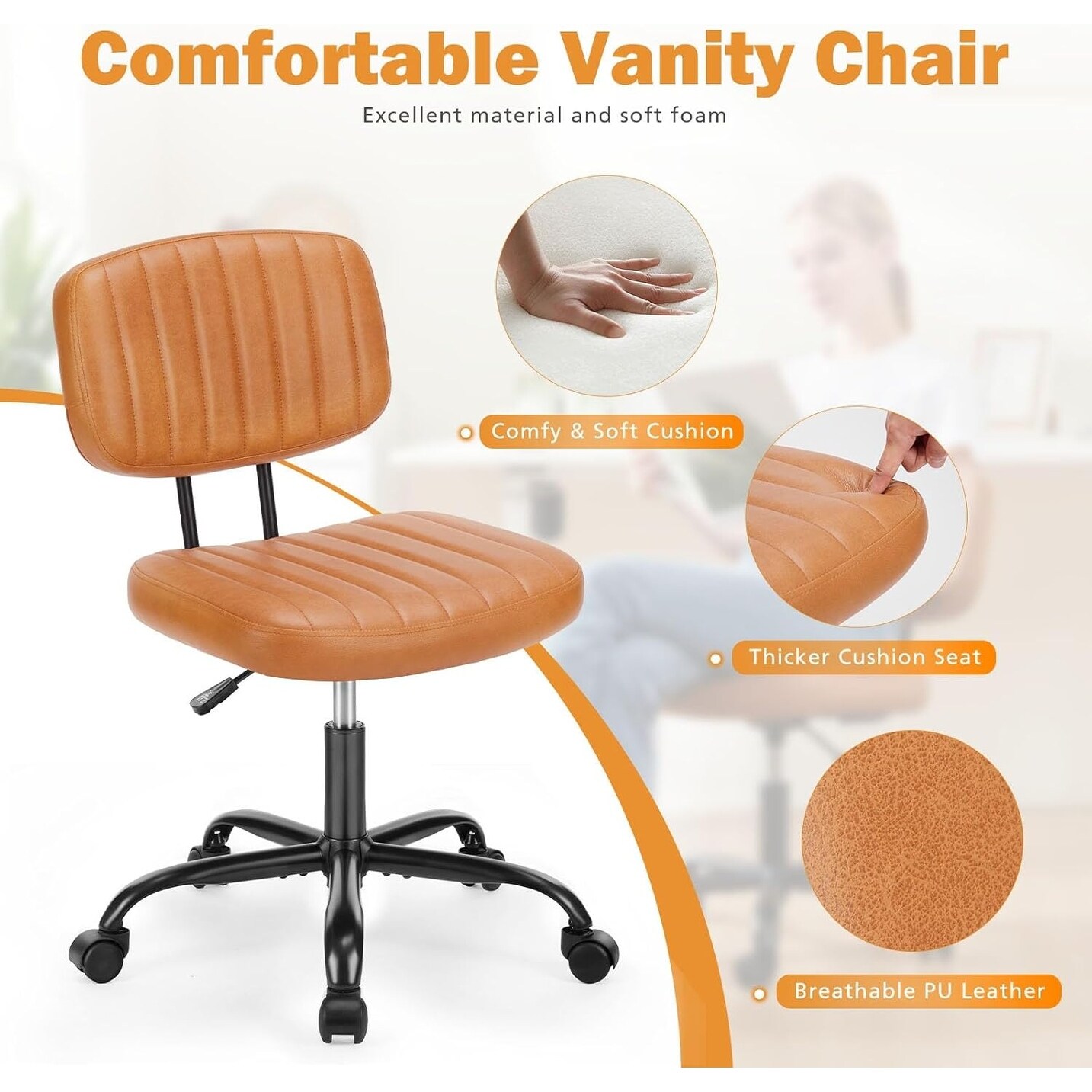 Small Office Computer Desk Chair Comfy Cute Armlees PU Leather Vanity Rolling Swuvel Task Chair No Arm for Adult Student Brown