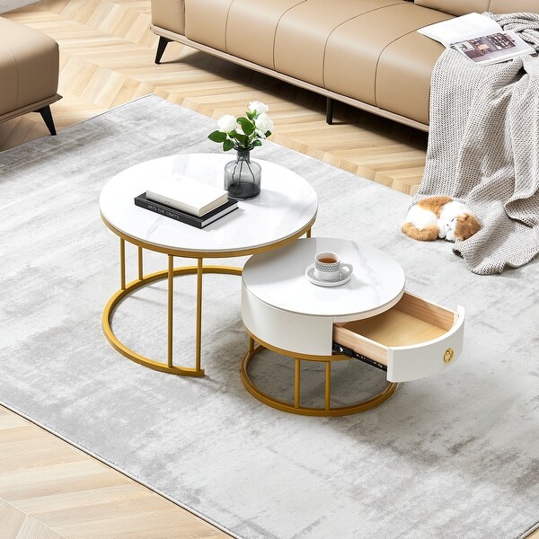 Modern Nesting Table Metal Frame End Table Sintered Stone Top Center Table with Adjustable Foot Pads Gold White Coffee Table Bed Bath Beyond 39731178