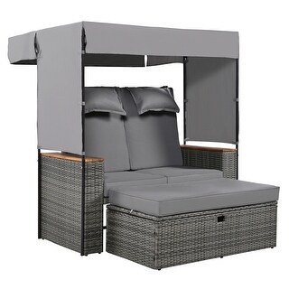 Grey 2-piece PE Rattan Outdoor Canopy Lounge Sofa Set with Storage ...