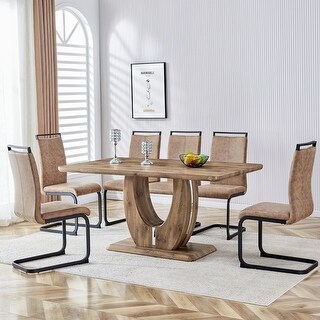 Rectangular 7-Piece Marble Dining Table Set with PU Leather Chairs ...