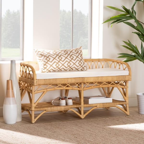 Leryn Modern Bohemian Natural Brown Rattan Bench - Bed Bath & Beyond ...