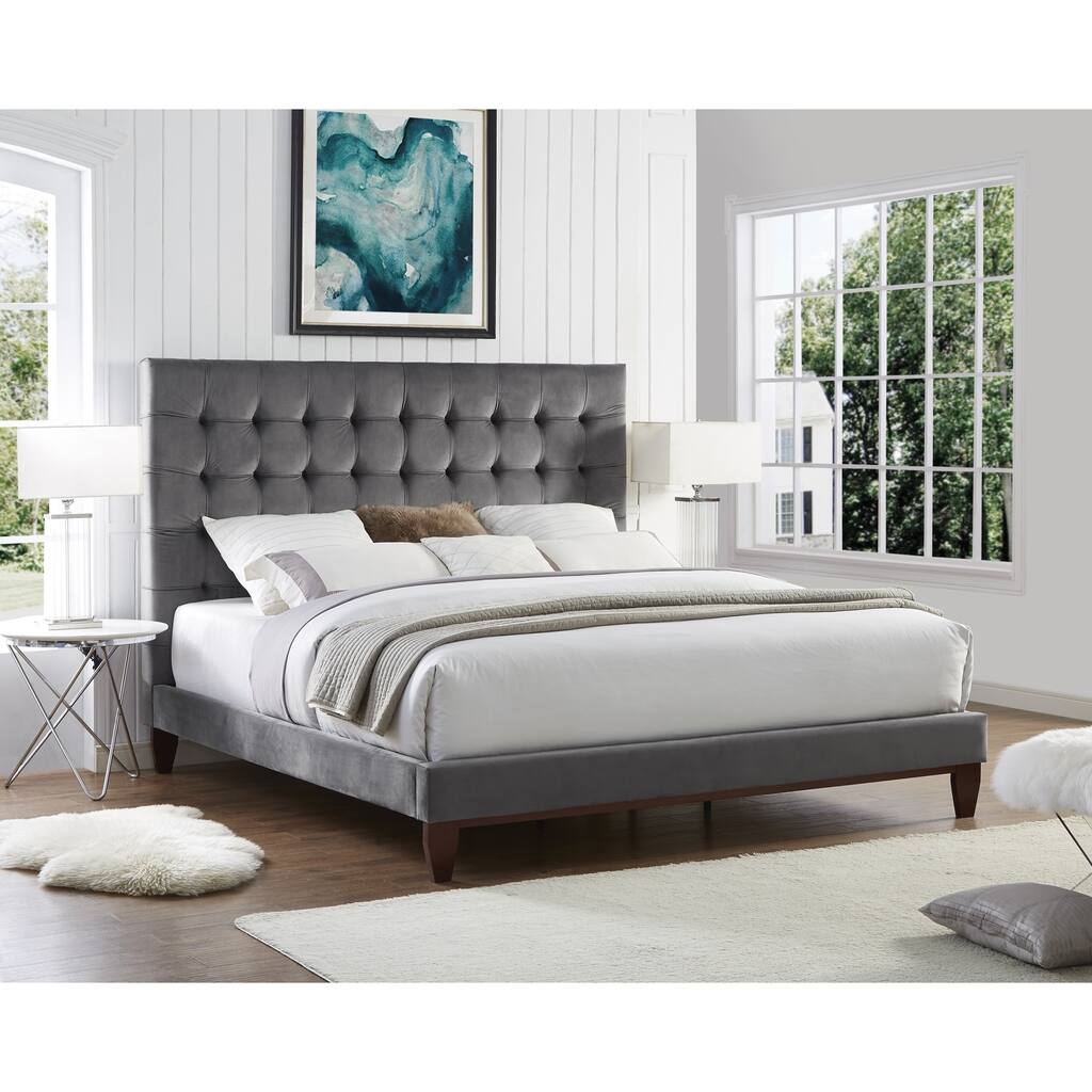 Ryan Velvet or Linen Button Tufted Platform Bed With Wooden Slats ...
