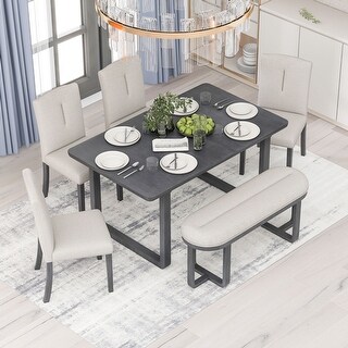 6Pcs Dining Set with Dining Table, 4 Upholstered Dining Chairs & Bench ...