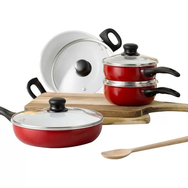 Lexi Home 8-Piece Ceramic Non-Stick Cookware Set - Red, White - Bed ...