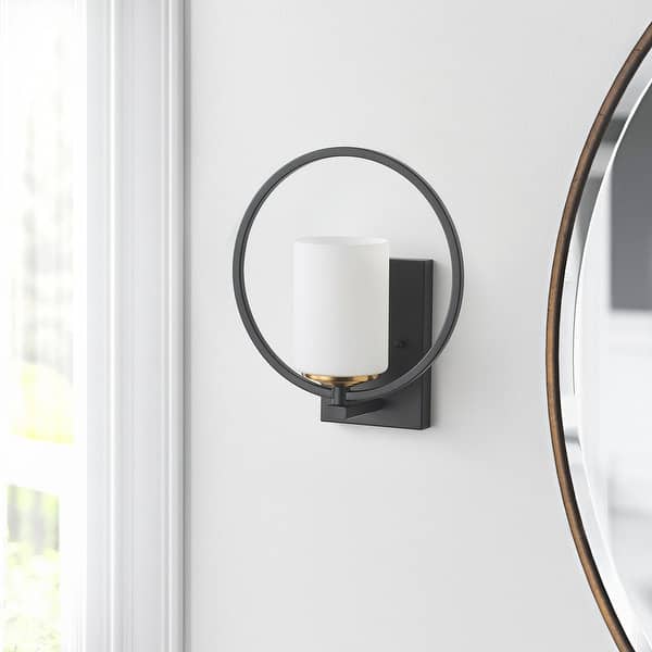 Modern Black and Gold Wall Light with White Frosted Glass Shade - On ...