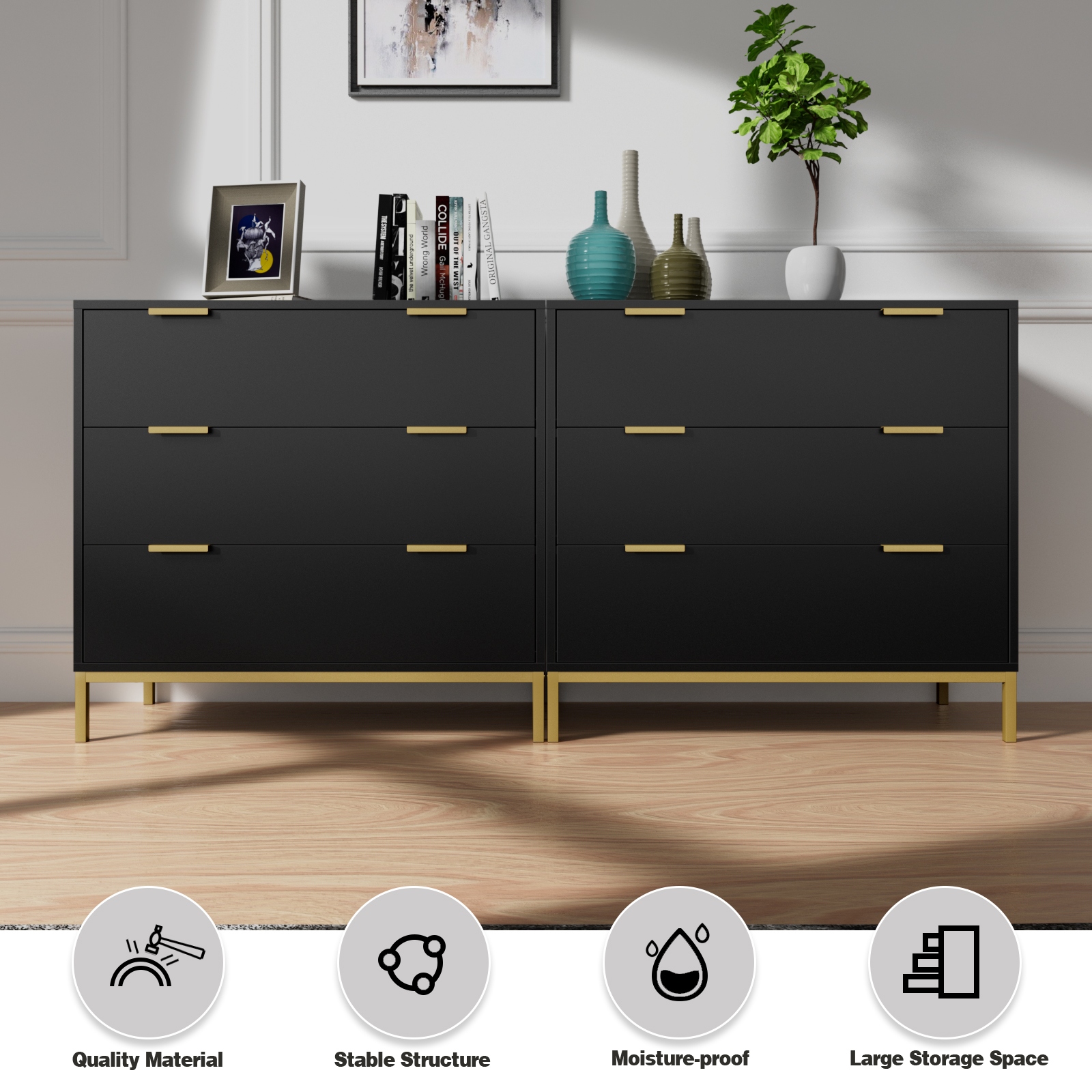 31.5 W 3 Drawer Black Bedroom Dresser Modern Wood Chest of Drawers for Living Room 3 Drawer