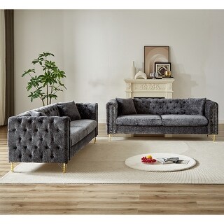 Chenille Pull Buckle Design 3-Seater Sofa, 2-Piece Set - Bed Bath ...