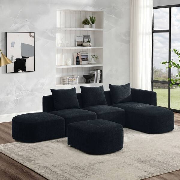 Black Modular Loop Yarn Fabric Upholstered L-Shape Sectional Sofa ...