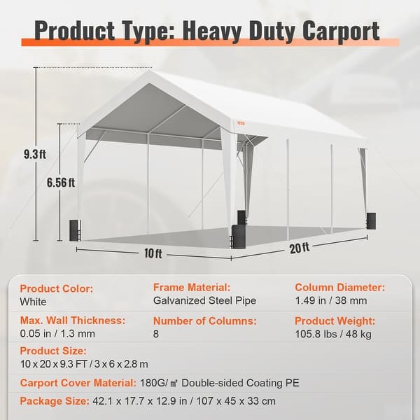 VEVOR Carport Car Canopy Garage Shelter Tent 10x20ft with 8 Poles for ...