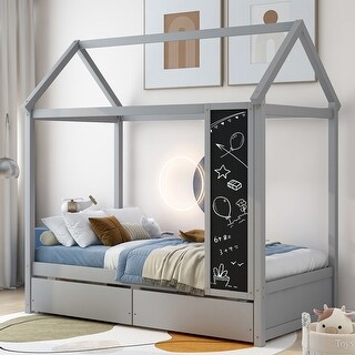 Twin SizeWood Platform House Bed with Drawers and Blackboard, Gray ...