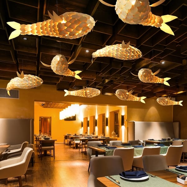 Wooden Fish Shaped Pendant Lights Decorative Hanging Lamp Fixture - 24 ...