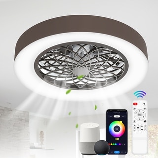 20" Modern Brown Enclosed Low Profile Smart LED Ceiling Fan Works with ...