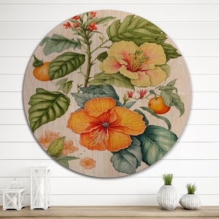 Designart "Blossiming Yellow Retro Hibiscus I" Floral Hibiscus Wood ...