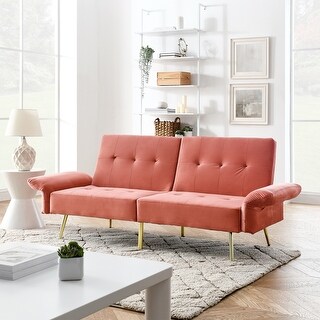 78" Pink Velvet Futon Sleeper Sofa Bed w/ Folded Armrests & Pockets ...