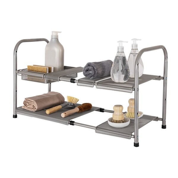 Squared Away 2 Tier Metal Mesh Expandable Under Sink Shelf Organizer Bed Bath Beyond 39044002