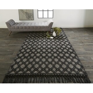 4' X 6' Black And Ivory Wool Geometric Hand Woven Area Rug With Fringe ...