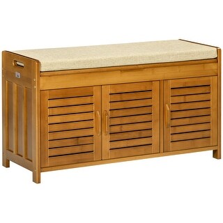 Bamboo Shoe Bench with Flip Compartment, Cushion, 3 Cabinets, Slatted ...