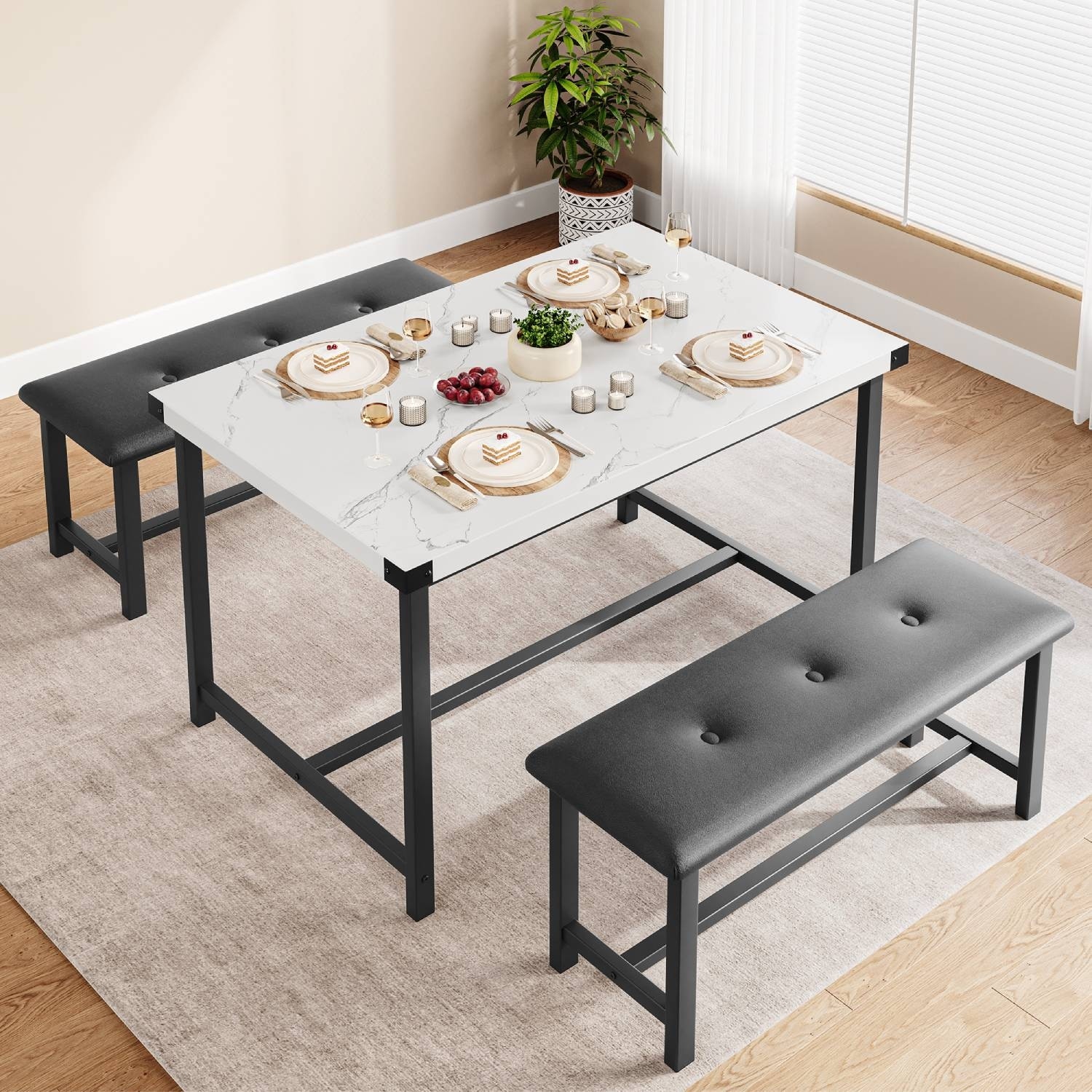 Space Saving Dining Table Set for 4 with 2 Upholstered Benches White