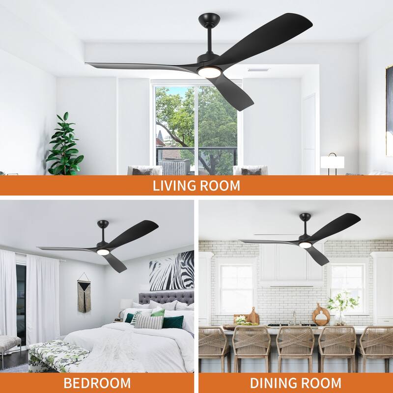 60" Modern Black ABS Propeller Indoor Ceiling Fan with Light and Remote ...
